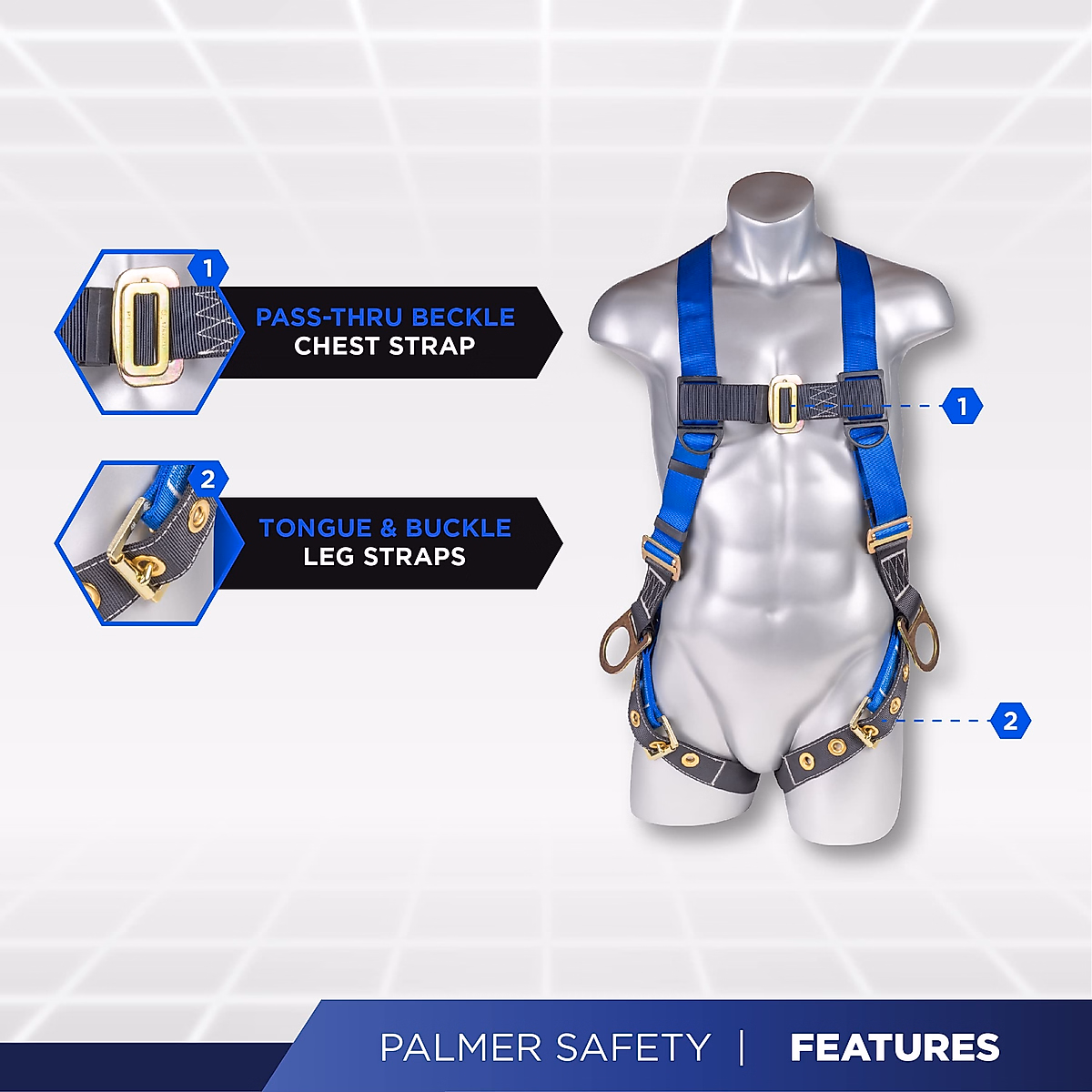 Safety Full Body Construction Harness with 5 Point Adjustment, 3D-Ring, Grommet Legs, and Fall Indicators I OSHA ANSI Roofing Tool Personal Equipment (Blue - Universal)