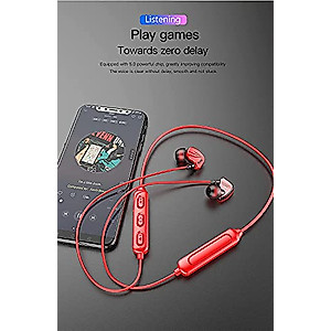 Wireless Stereo Earbuds – Neck Hanging Type Sports，HiFi Bass Stereo Running Headphones，Bluetooth 5.0，Call Function, Voice Control, Power Display,12 Hours Play Time, Built-in Microphone (Black) (RED)