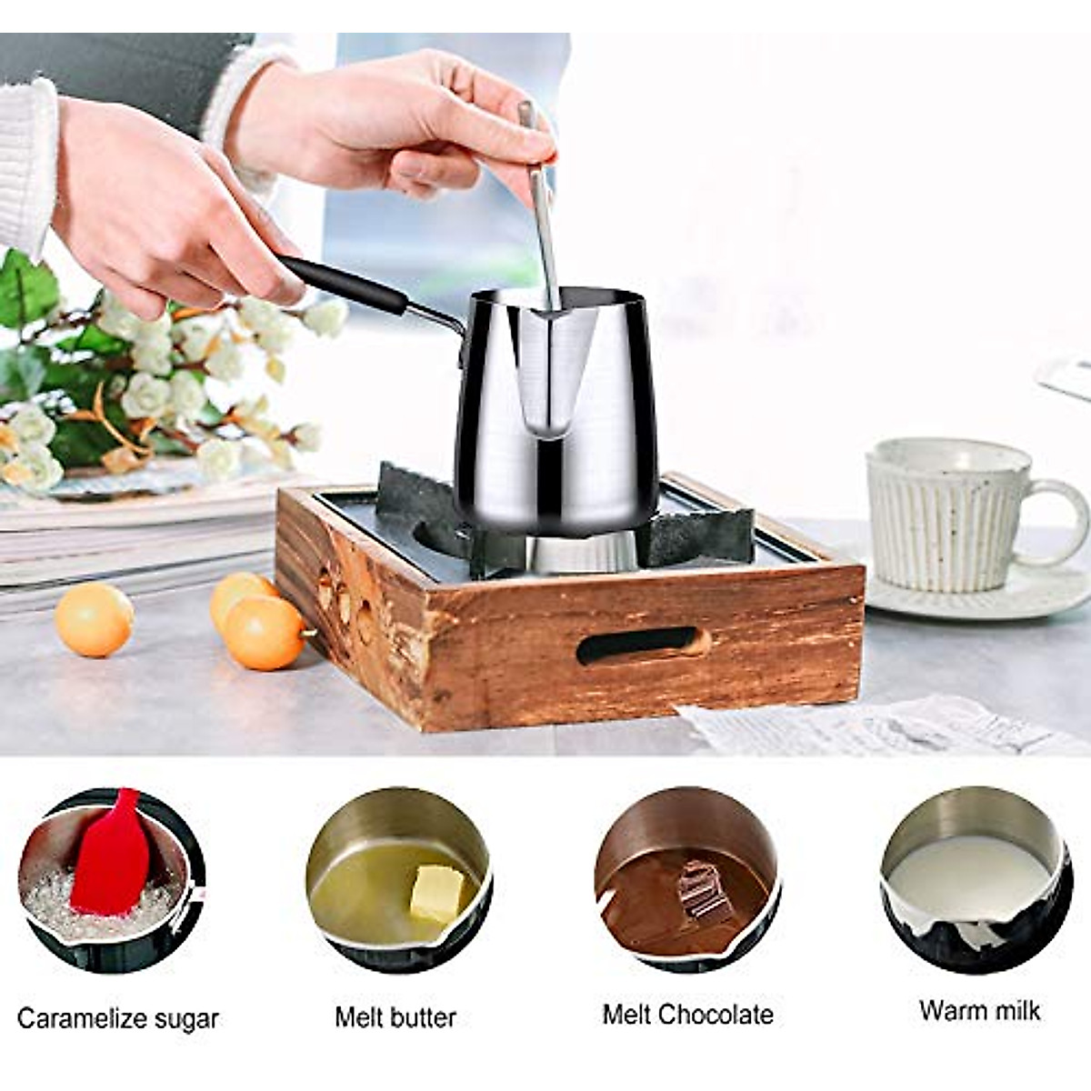 Turkish Coffee Pot, Stainless Steel Milk and Coffee Warmer, Ibrik Cezve Arabic Briki Coffee Pot, Chocolate and Butter Melting Pot with Heat Resistant Handle, 20 OZ, 600 ML