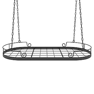 TICKCACY 33” Oval Pan Rack Hanging, Heavy Duty Ceiling Pot Rack with Hooks, Metal Pot Rack Hanging with Grid, Pot and Pan Hangers for Kitchen Cookware Utensils Toiletries, Easy Assembly, Black