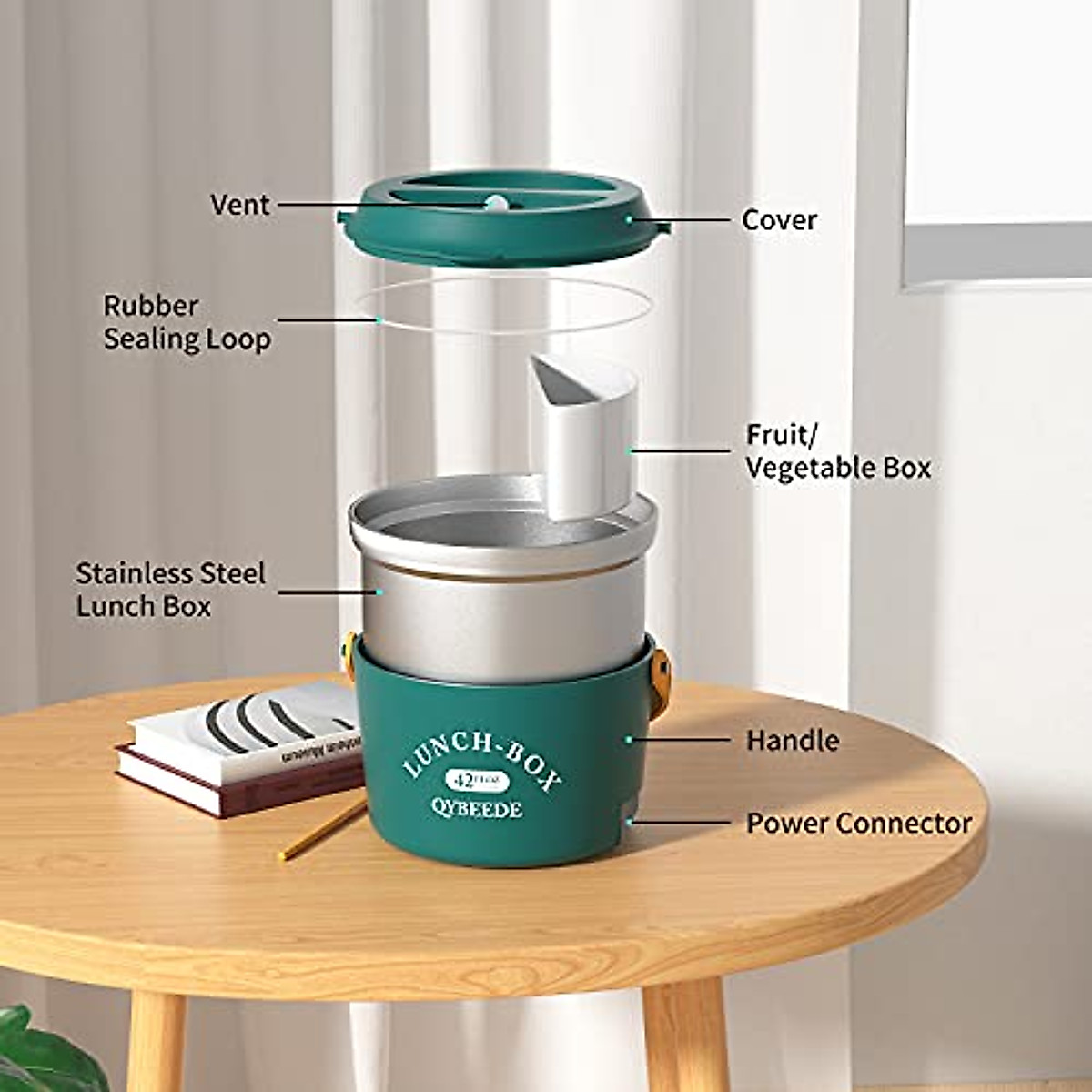 QYBEEDE Electric Lunch Box, 110v 48w 1.2L Green Cordless Lunch Box 304 Stainless Steel Portable Microwave Food Warmer Heated Lunch Box with Fork and Spoon for Home, Apartment, Office, School, Travel