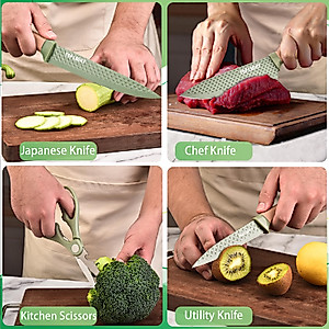 Knife Set, 6 Pieces Professional Kitchen Knife Set with Universal Knife Block, Super Sharp Knife Set with Ergonomic Handle Non-stick Stainless Steel Knife Block Set (Green)