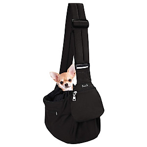 SlowTon Dog Carrier Sling - Hard Bottom Support Dog Carriers for Small Dogs with Adjustable Padded Shoudler Strap, Dog Purse for Puppy Cat Pet with Drawstring Opening Storage Zipper Pockets (Black)
