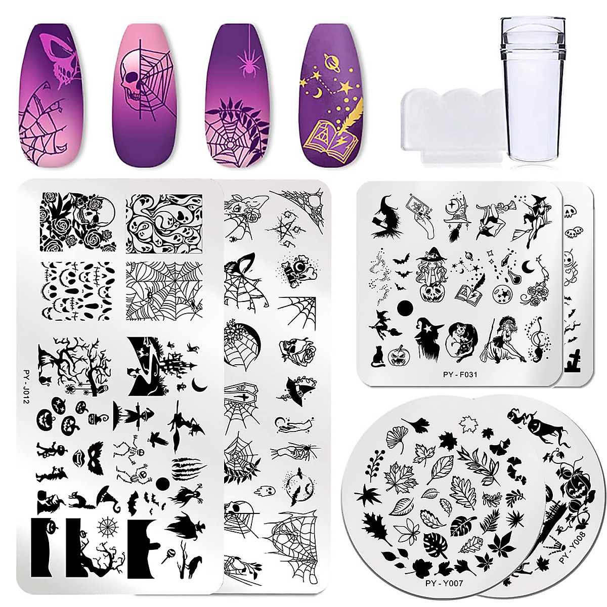 6Pcs Halloween Nail Stamping Plates Fall Maple Leaf Nail Stamper Template Kit Ghost Bat Skull Spider Web Design Nail Decorations Supplies with 1 Stamper 1 Scraper