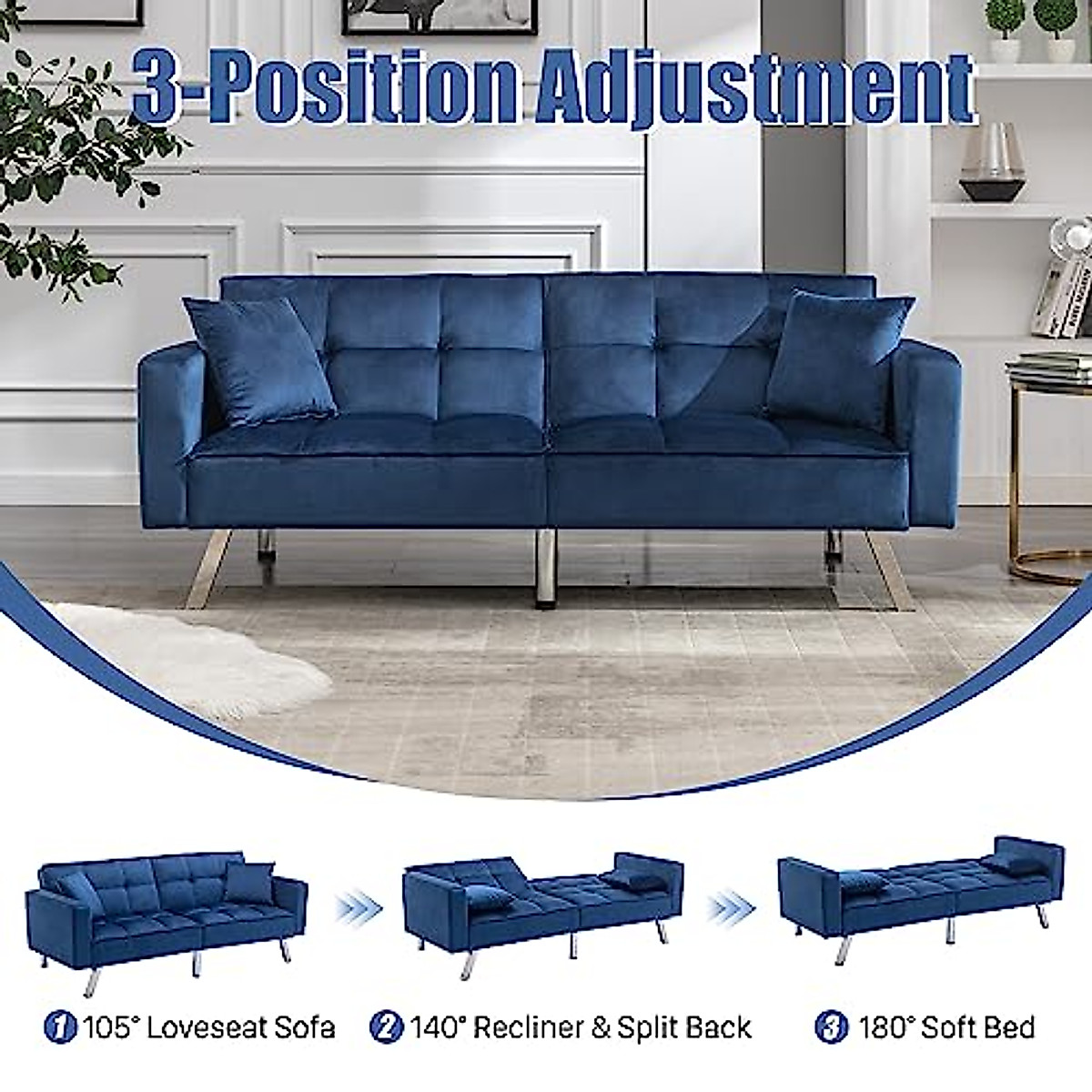 civama Futon Sofa Bed, Velvet 76" Twin Size Couch with 2 Pillows, 3-Seater 3 Angles Convertible Tufted Loveseat Sleeper for Living Room, Modern Upholstered Armrest Folding Futon, Blue, Metal Leg