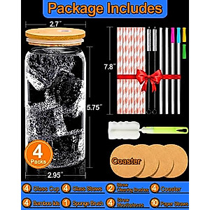 Yooler Glass Cups with Lids and Straws - 16oz Can Shaped Drinking Beer Glasses, Iced Coffee Cups, Cute Glass Tumbler with Straw and Bamboo Lid, Ideal for Cocktail, Whiskey, Gift (Set of 4)