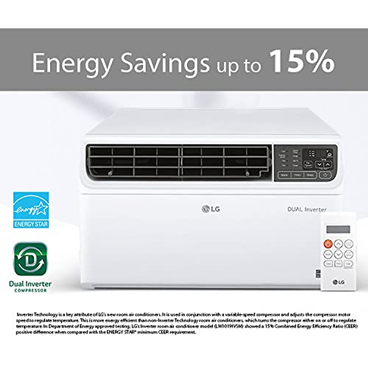 LG 9,500 BTU Dual Inverter Smart Window Air Conditioner, Cools 450 Sq. Ft., Ultra Quiet Operation, Up to 15% More Energy Savings, ENERGY STAR®, works with LG ThinQ, Amazon Alexa and Hey Google, 115V