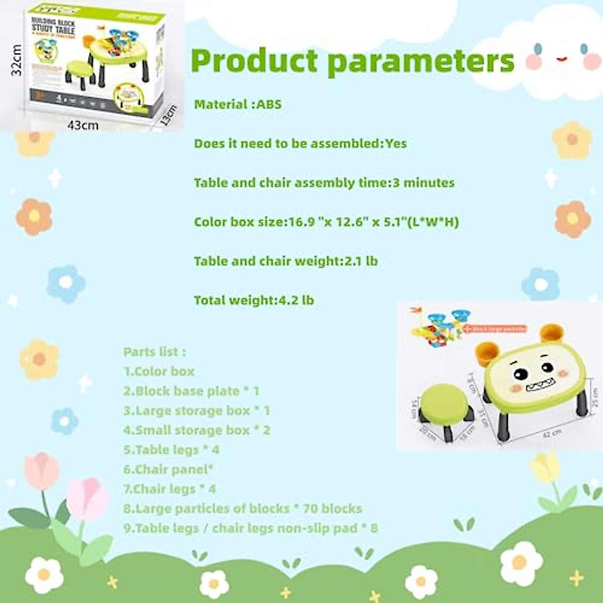 la-belle-vie 6-in-1 Activity Table for Kids, Sand/Water Table for Toddlers 1-3, Kids Table and Chair Set with Storage, 70 pcs Marble Run Building Blocks Classic Big Blocks (Green)