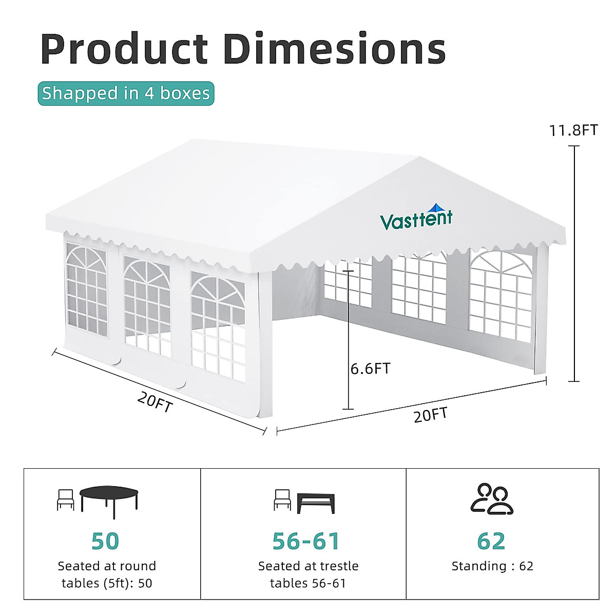 Vasttent 20x20ft Party Tent for Wedding Outdoor Large Event Camping, Upgraded Galvanized Poles&Rainproof PE Removable Sidewalls, Heavy Duty Canopy with 6 PVC Windows and Carry Bags - White