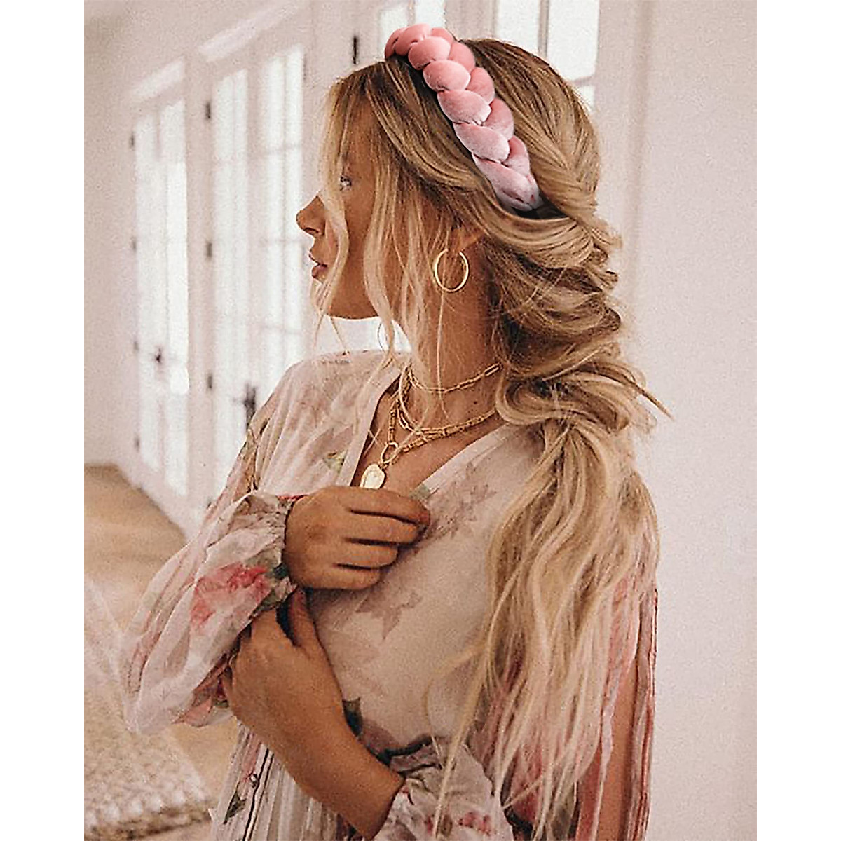 WOVOWOVO Headbands for Women, Non-Slip Soft Solid Thick Wide Solid Color Girls Hair Hoop Velvet Braided Headband's Cute Hair Accessories, Pink