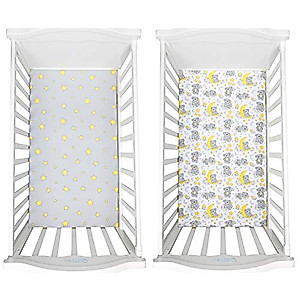 Organic Crib Sheets (2 Pack) - 100% Organic Jersey Cotton Fitted Crib Sheets for Standard Crib and Toddler Mattresses |Star and Bear Print | (Grey, Yellow, White)