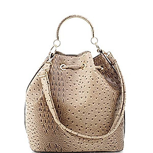 Boho Tassel Ostrich Print Vegan Leather Handle Bucket Handbag Satchel Wallet Set (Brown/Dark Brown)