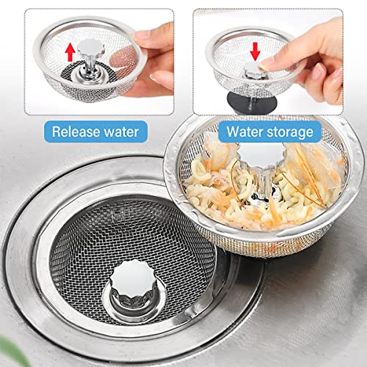 Kitchen Sink Strainer with Handle and Stopper Replacement Kitchen Sink Drain Basket/Stopper/Plug 3.3 Inch Stainless Steel Kitchen Sink Drain Strainer Mesh Sifter Filter(‎Silver)