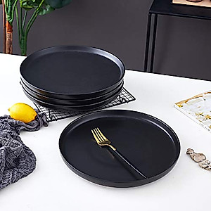 Bruntmor 11 Inch Ceramic Plate Set of 4, Round Ceramic Pasta Salad Plate for Dinner, Dinnerware Plates for Christmas Gift, Plates Set for 4, Dishwasher and Oven Safe, Black