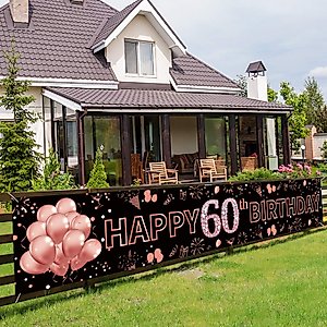 Pimvimcim Happy 60th Birthday Banner Decorations, Rose Gold Large 60 Birthday Party Sign Supplies, 60 Years Old Birthday Photo Booth Backdrop Decor for Women(9.8x1.6ft)