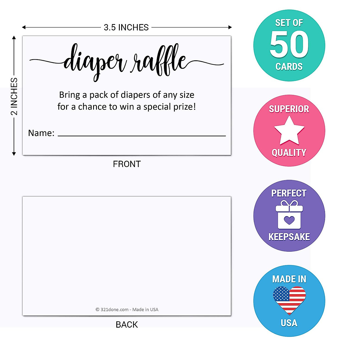 321Done Diaper Raffle Tickets, Made in USA - 3.5x2 White, With Name Line, Baby Shower Game, Enter to Win Drawing, Prize, Small - Set of 50