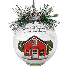 First Christmas in Our New Home Dated 2023 Charm - LED Lighted Glass Ball Ornament with Glittery Snow, Pinecones Greenery