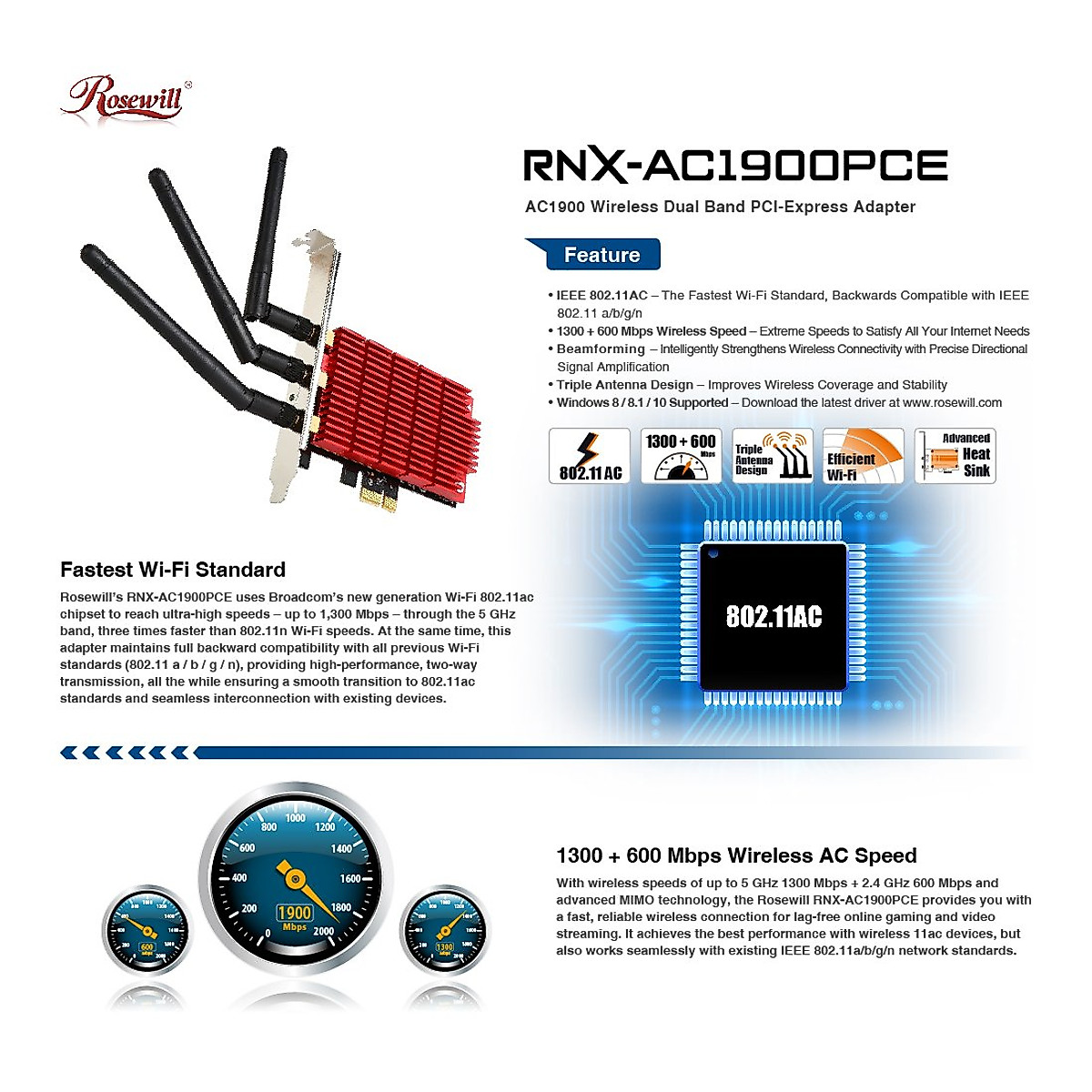 Rosewill RNX-AC1900PCE Rnx-AC1900PCE, 802.11AC Dual Band AC1900 PCI Express WiFi Adapter/Wireless Adapter/Network Card, 11AC 1900Mbps