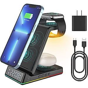 Wireless Charging Station, 5 in 1 Wireless Charger [with Alarm/Clock/Night Light] 15W Wireless Charging Dock Stand for iPhone 14/13/12/11,Samsung Phones,Apple Watch Series & Airpods