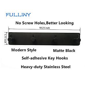 FULLINY Key Hooks for Wall Apartment Decor Adhesive Key Holder for Wall Decor with 4 Key Hooks,No Screw Holes Key Rack for Wall,Stainless Steel Heavy Duty Adhesive Hooks for Hanging,Black