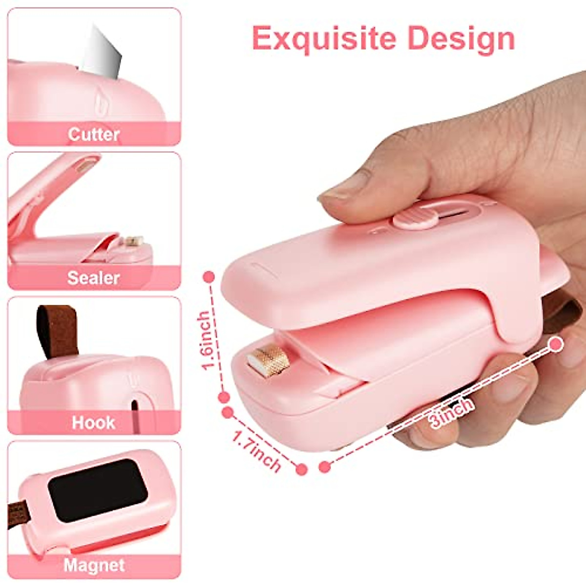 Mini Bag Sealer, Kenossion Chip Bag Sealer - Bag Sealer Heat Seal with Cutter & Magnet, Portable Mini Sealing Machine to Reseal Plastic Bags & Keep Snacks Fresh-Pink (2xAA Batteries Included)