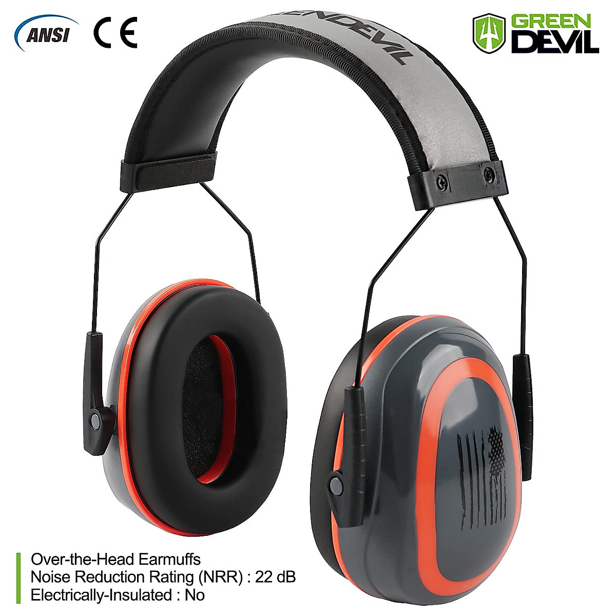 GREEN DEVIL Hearing Protection Ear Muffs SNR 27dB/NRR 22dB Noise Reduction Head Band Earmuff For Shooting Mowing Construction Manufacturing Woodwork 2pack