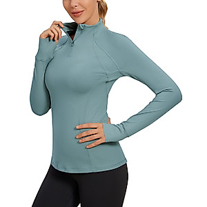 CRZ YOGA Women's Long Sleeve Quarter Zip Pullover Slim Fit Athletic Yoga Tops Workout Running Shirts with Thumbholes Turquoise Medium