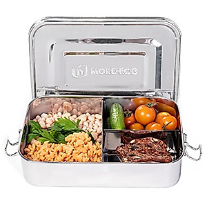MORE-ECO Stainless Steel Leak Proof Bento Box With Three Sections And 50 Ml Dip Container. 1200 ML Stainless Steel Lunch Box Dishwasher Safe Silver 18.5 CM X 13 CM X 5.5 CM