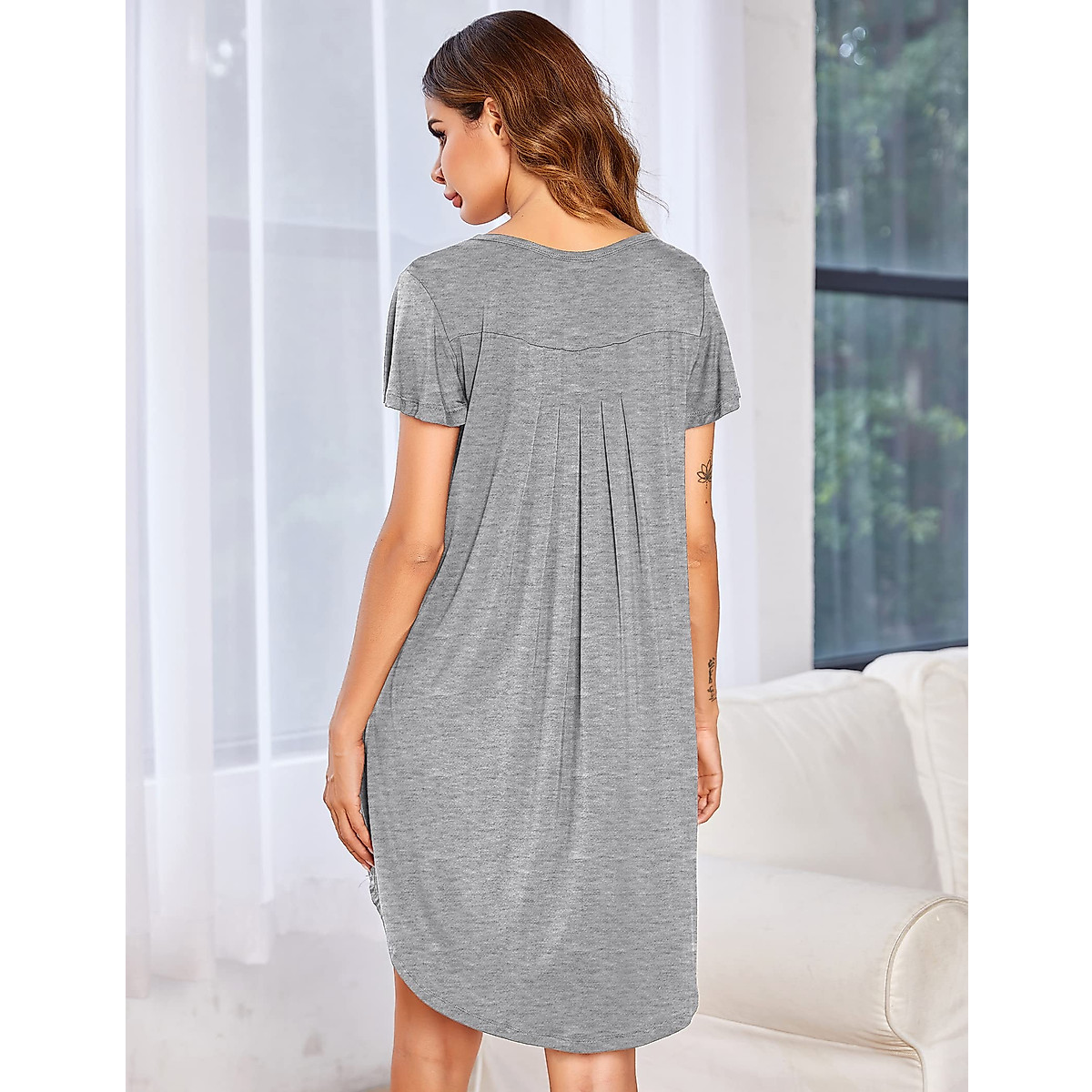 Ekouaer Womens Nightgown Soft Sleepwear Pleated Sleepshirt Sleep Dress Short Sleeve Nightdress Grey XL