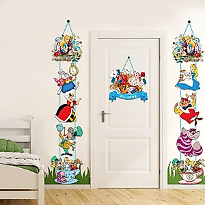 Alice In Wonderland Door Sign Banner,Designed Door, Hanging Banner,Porch Sign Banners,Welcome Hanging Alice for Tea Party Birthday Party Alice In Wonderland Party Decorations