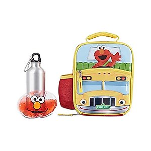 Sesame Street Lunch Box Set for Boys & Girls, Stainless Steel Water Bottle with Carabiner Clip and Ice Pack, Insulated & Waterproof Lunch Bag with Zipper, 4 Pieces Toddler Bag for Snacks