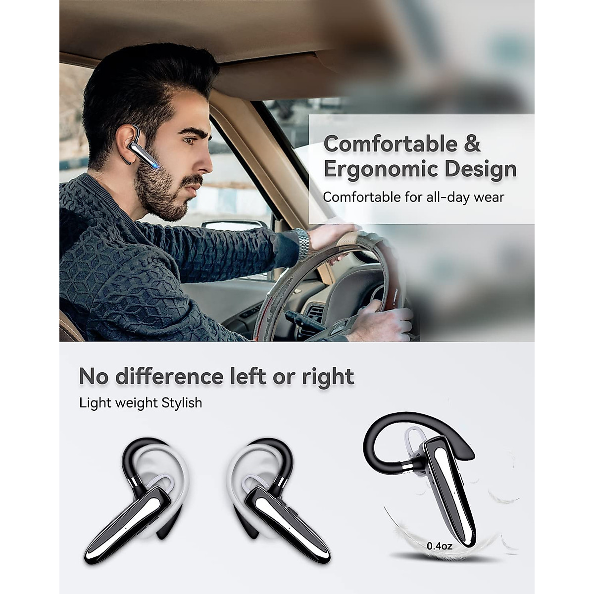 AMTERBEST Bluetooth Headset, Wireless Bluetooth 5.0 Earpiece Hands-Free Earphones with Stereo Mic,8 Hrs Play time, Compatible iPhone Android Cell Phones Driving, Business, Office