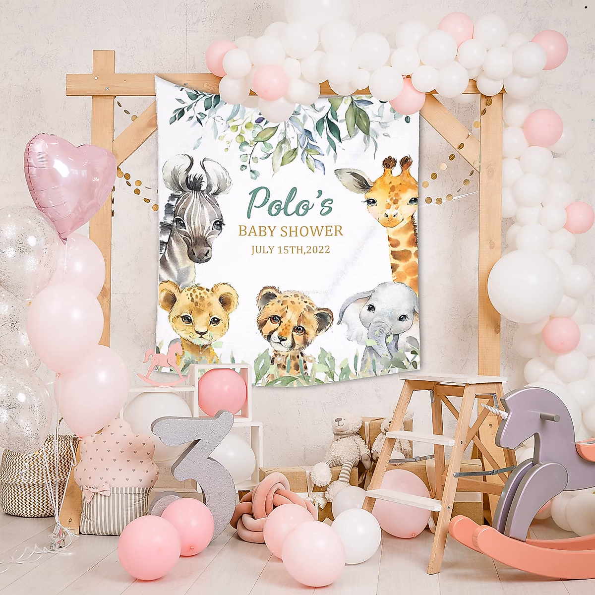 Personalized Safari Baby Shower Backdrop, Custom Name Date Jungle Animals Baby Shower Background for Boy, Baby Shower Party Photo Booth Backdrop Banner,Safari Baby Shower Decorations for Boy