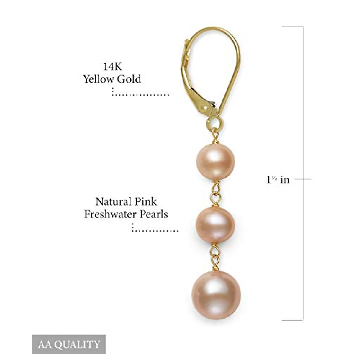14k Yellow Gold Pink Cultured Freshwater Pearl Trio Dangle Drop Earrings
