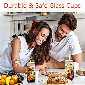 PeacePeo Glass Cups with Lids and Straws 20Pcs 16oz Ice Coffee Cup Can Beer Glass Set Drinking Glasses with Bamboo Lids Reusable Can Shaped Glass Cups Ideal for Smoothies & Beverages