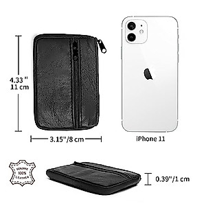 Coin Purse Pouch for Women, Genuine Leather Mini Cash Wallet with Keychain Ring Holder (Black)