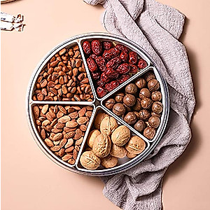 WUWEOT Nut and Candy Serving Tray, Round Plastic Platters Food Storage Container, Appetizer Tray with 5 Individual Dishes for Nuts, Dried Fruit, Snacks, Candies, Veggies (10.6" x 3.5")