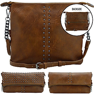K&Bo Stevie Women’s Studded Chain Crossbody Handbag Purse Brown, Rocker Chic Boho Medium, Converts to Clutch Bag, Lightweight
