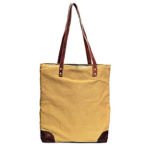 CLA Upcycled Canvas & Leather Handbag 16 Inch Height & Cowhide Tote Bag, Canvas Handbags for women (Khaki)