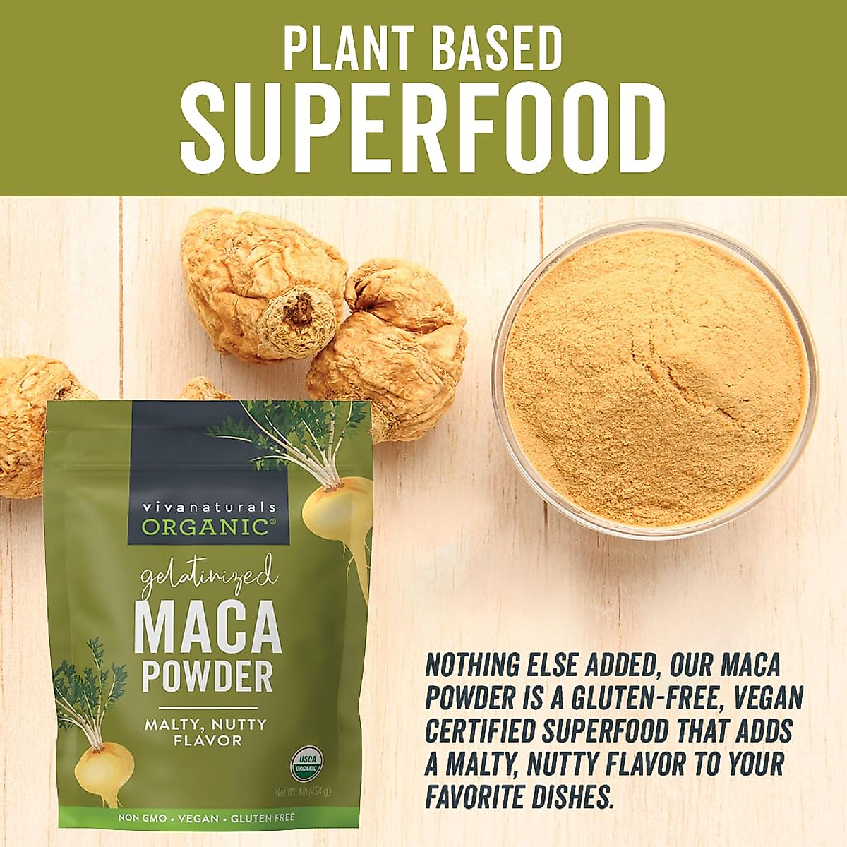 Viva Naturals Organic Maca Powder - Gelatinized Maca Powder Organic, Pervuian Superfood Traditionally Used for Energy, Certified Organic, Gluten-Free & Non-GMO, 16 Oz (1 lb) Bag
