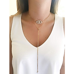 LESLIE BOULES Gold Evil Eye Lariat Necklace for Women 18K Gold Plated Sliding Adjustable Chain Choker Jewelry