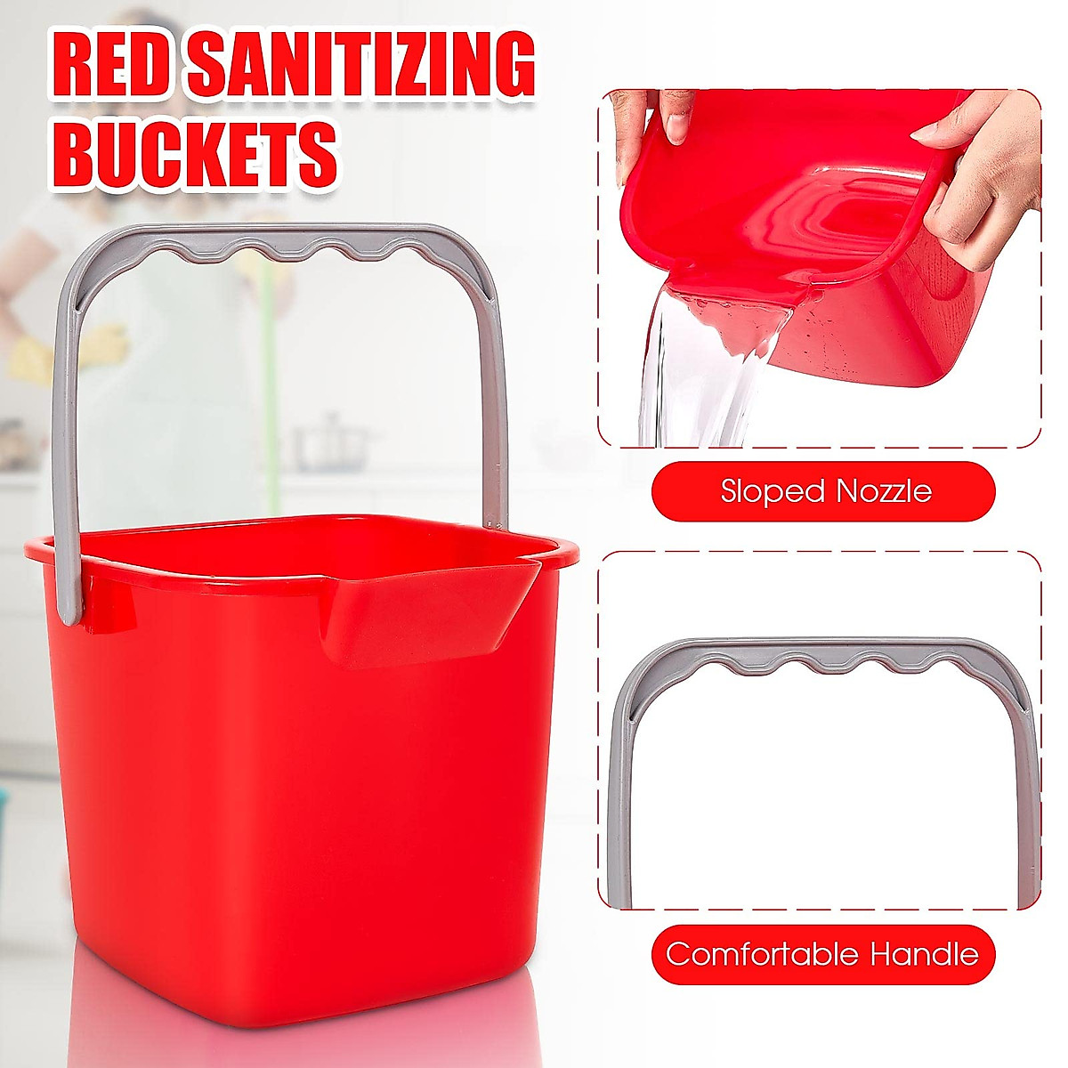Irenare 8 Pcs Sanitizing Bucket 3 Quart Cleaning Bucket Small Detergent Square Bucket, Spout and Handle Plastic Utility Cleaning Pail for Kitchen Home Offices Commercial Use(Red)