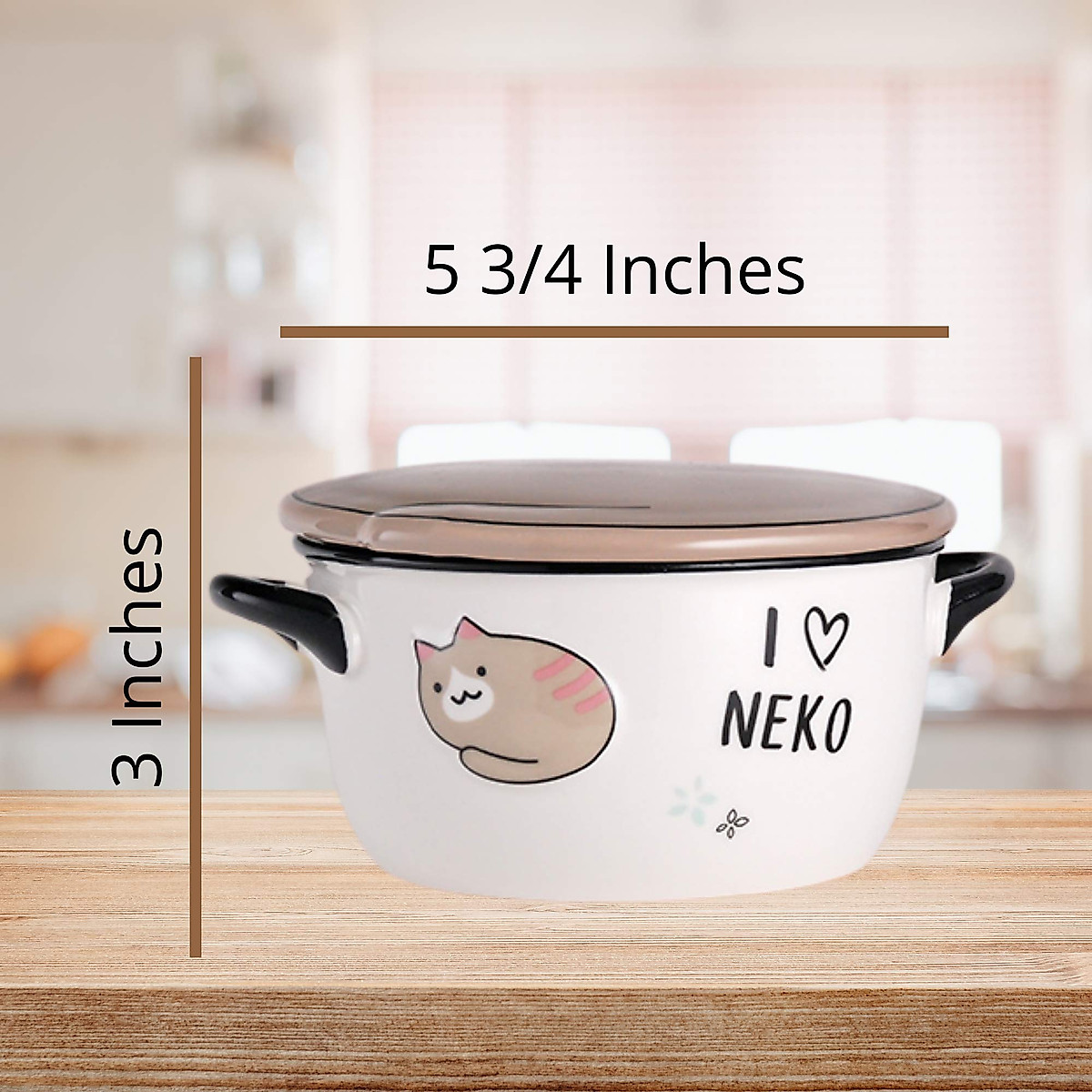White and Brown Ceramic Japanese Bowl with Lid and Mini Handles, Neko Lucky Cat Microwavable Dish for Noodles and Rice, 5 3/4 Inches