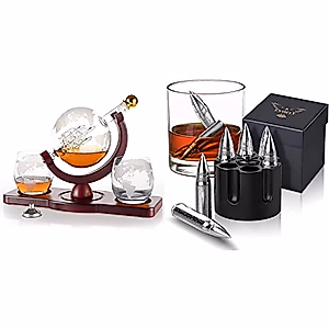 Gifts for Men Dad, Christmas Stocking Stuffers, Whiskey Decanter Set with 2 Etched Globe Glasses,Metal Whiskey Stones, Unique House Warming Anniversary Birthday Gift for Husband Him Boyfriend