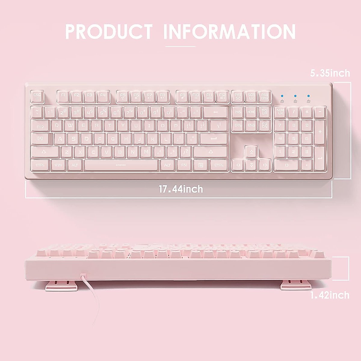 Basaltech Pink Keyboard with 7-Color LED Backlit, 104 Keys Quiet Silent Light Up Keyboard, 19-Key Anti-Ghosting Cheap Gaming Keyboard Mechanical Feeling Waterproof Wired USB for Computer, Mac, Laptop