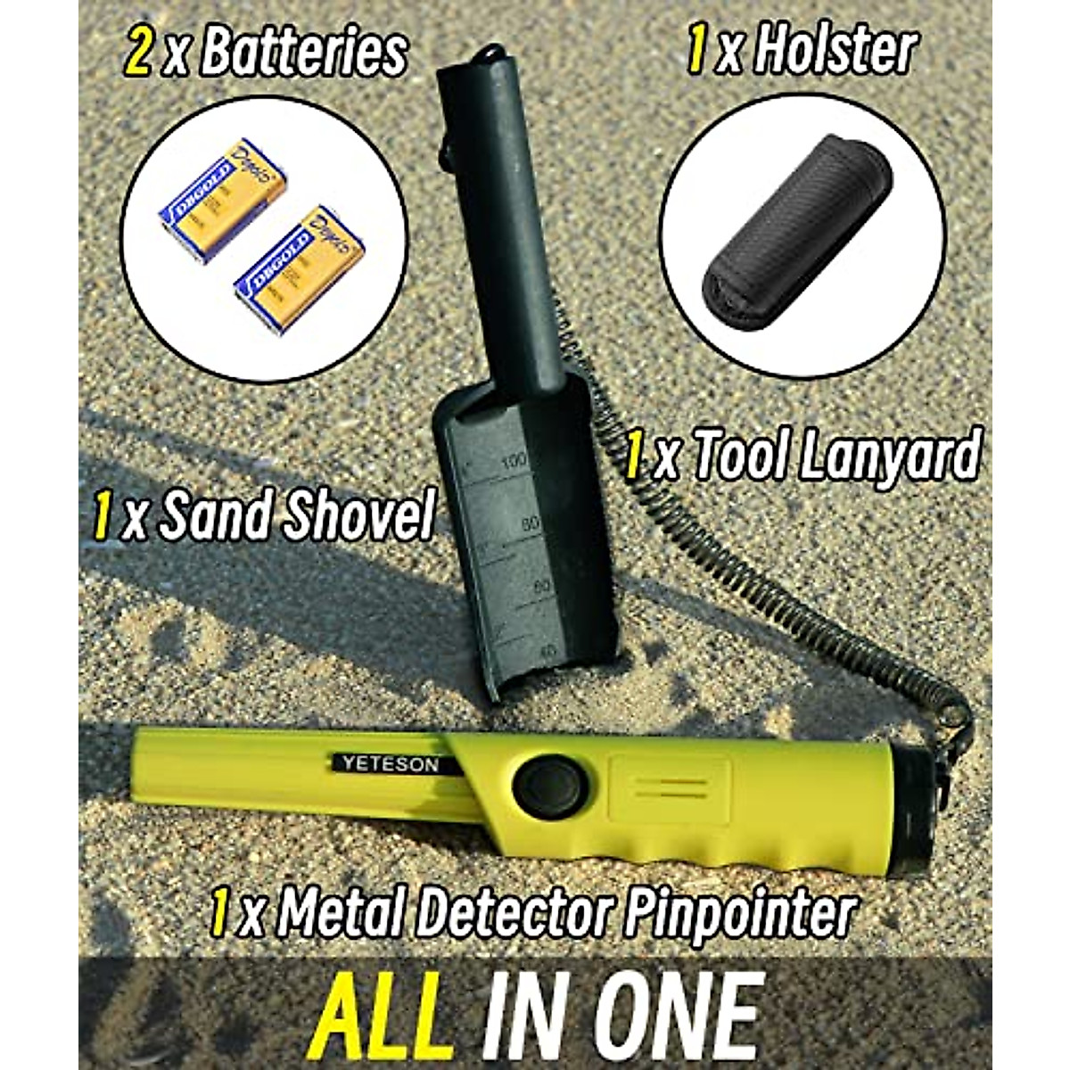 Metal Detector Handheld Pinpointer Waterproof - IP68 with Sand Shovel Professional 360° Search Pin Pointer Wand High Sensitivity Portable Detectors Treasure Pinpointing Finder Probe for Kids, Adults