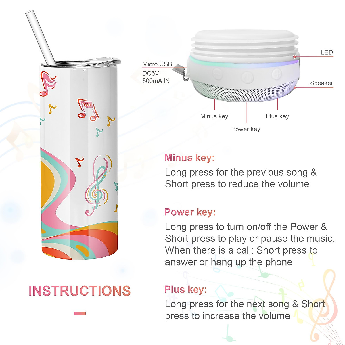 Icesip 12 Pack Music Speaker Tumbler, 20 oz Sublimation Tumbler Skinny Straight Double Wall Music Speaker Cup with Straw Lid & USB Charging Cable - White