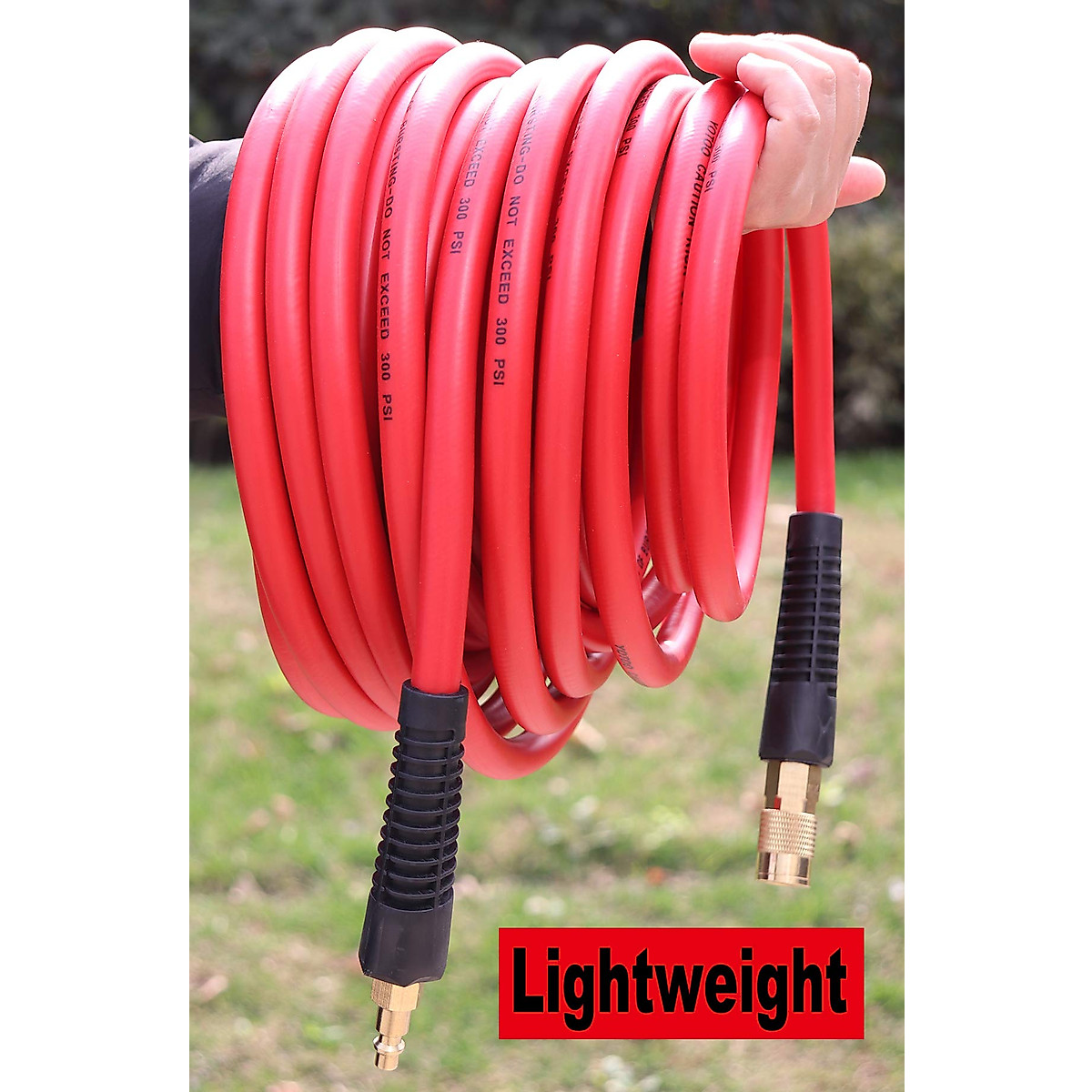 YOTOO Hybrid Air Hose 3/8-Inch by 50-Feet 300 PSI Heavy Duty, Lightweight, Kink Resistant, All-Weather Flexibility with 1/4-Inch Brass Male Fittings, Bend Restrictors, Red