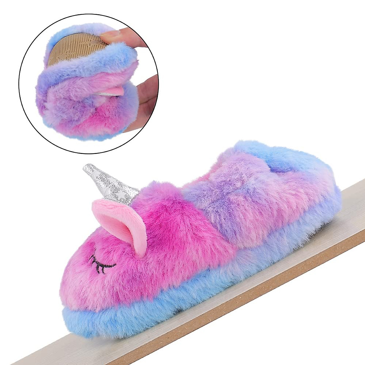 KAKU NANU Toddler Rainbow Slippers Cute Fluffy Slipper Animal House Shoes for Girls Boys (Colorful,5-6 Toddler)