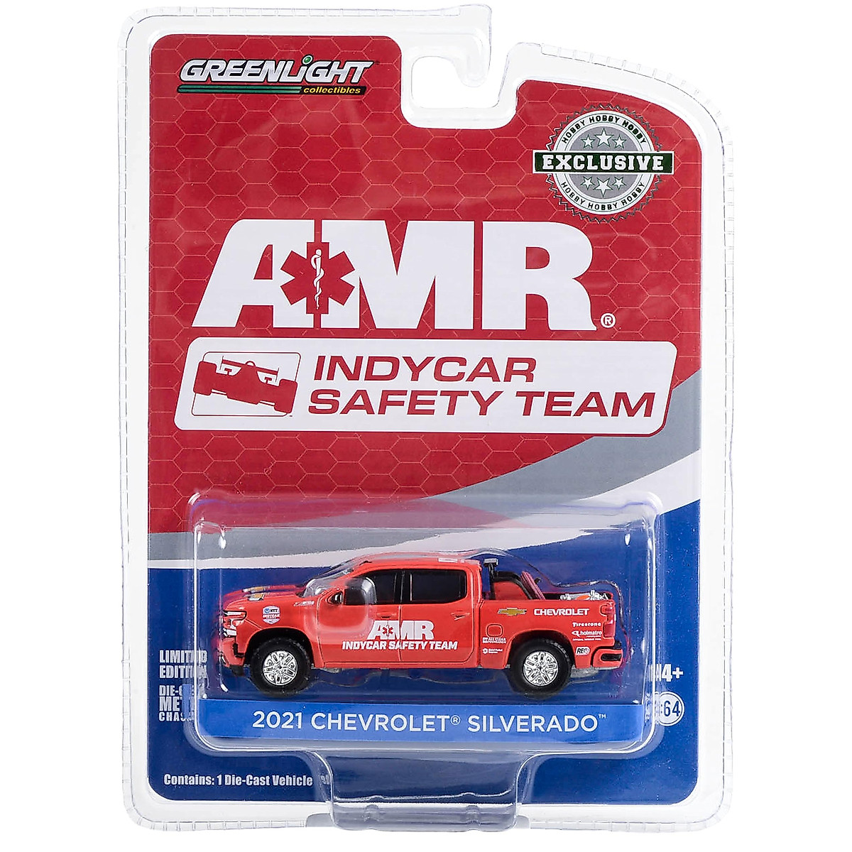 Greenlight 2021 Chevrolet Silverado Pickup Truck Red 2021 NTT IndyCar Series AMR IndyCar Safety Team with Safety Equipment in Truck Bed Hobby Exclusive Series 1/64 Diecast Model